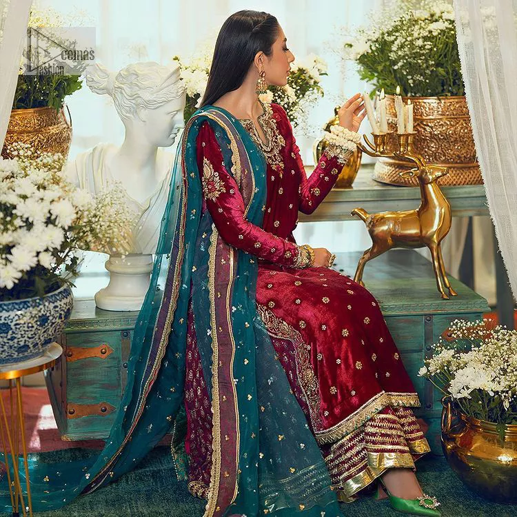 Deep Crimson Long Shirt - Sharara - Green Dupatta - Party Wear